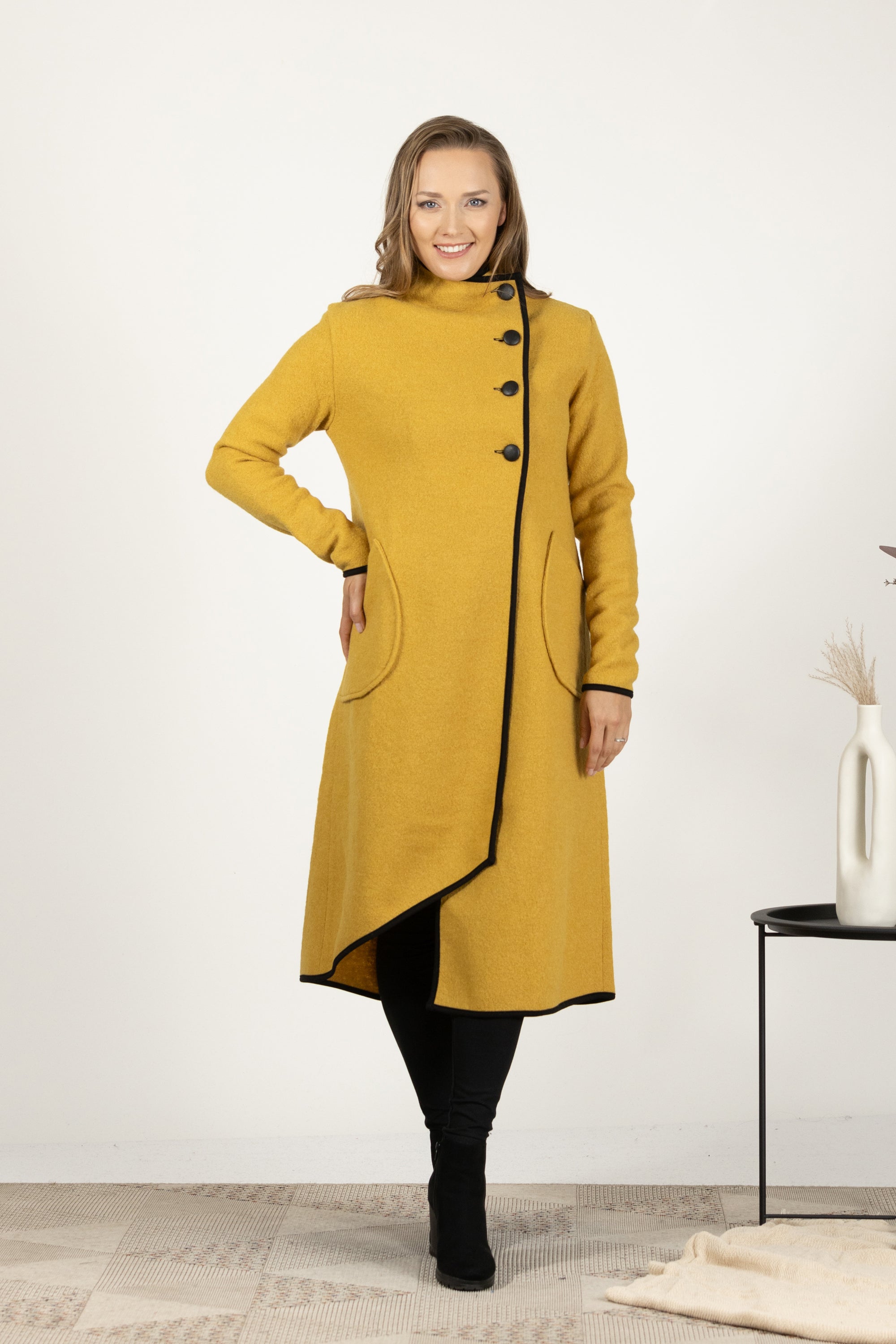 Mustard Boiled Wool Coat with Pockets from NikkaPlace | Effortless ...